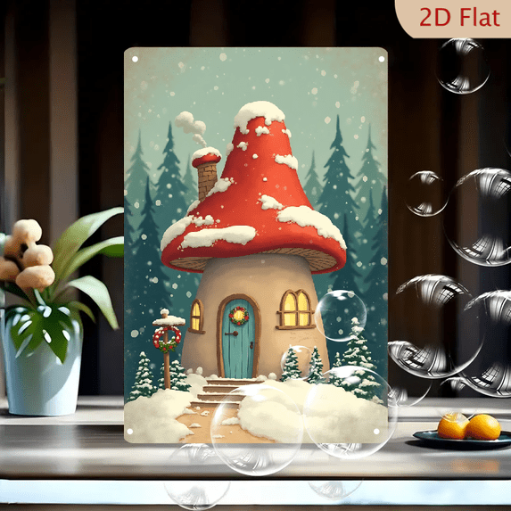 1pc Metal Wall Sign, 8x12 Inches, Christmas Snowy Mushroom House Decor ...