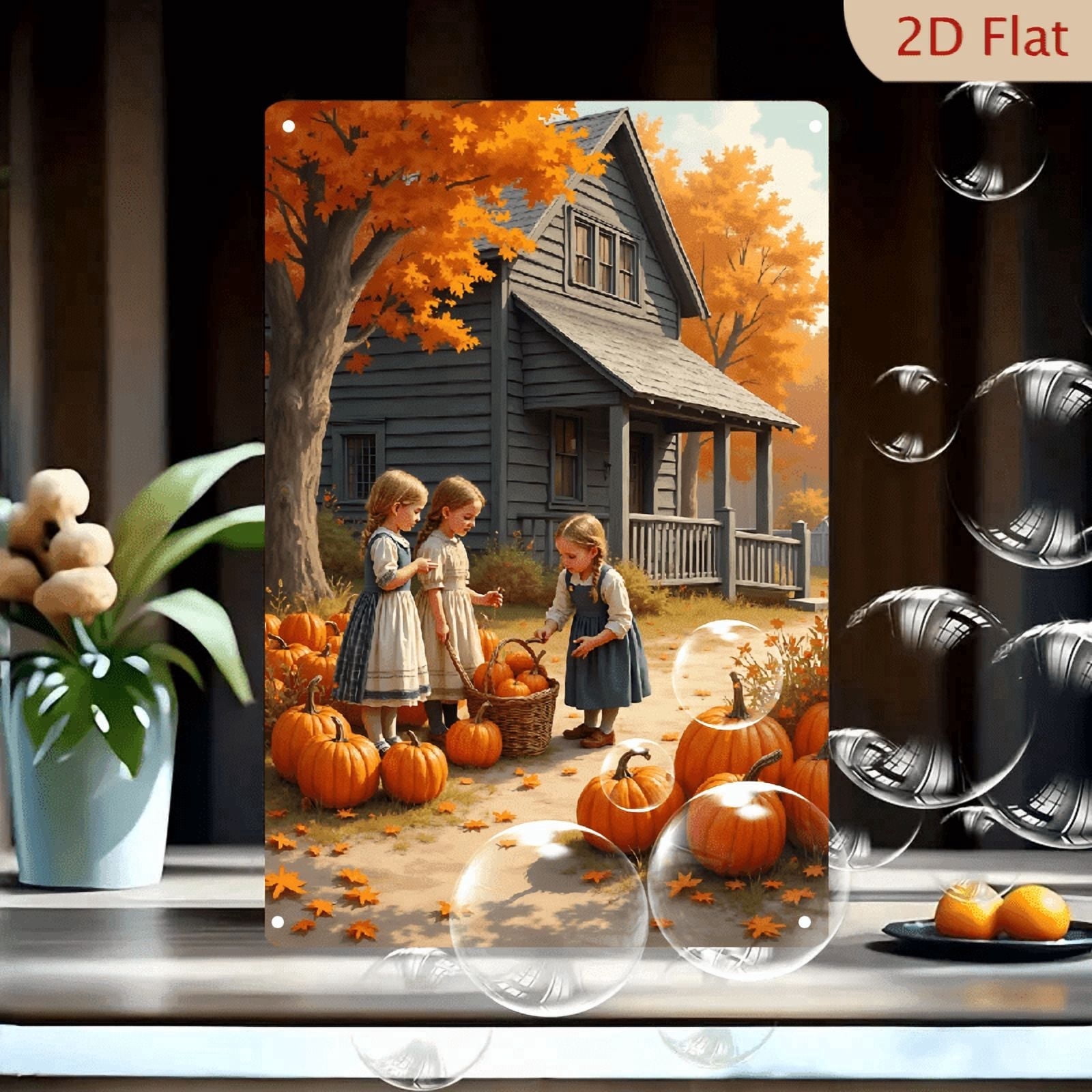 1pc Metal Wall Sign, 8x12 Inches, Harvest Time Girls with Pumpkins ...
