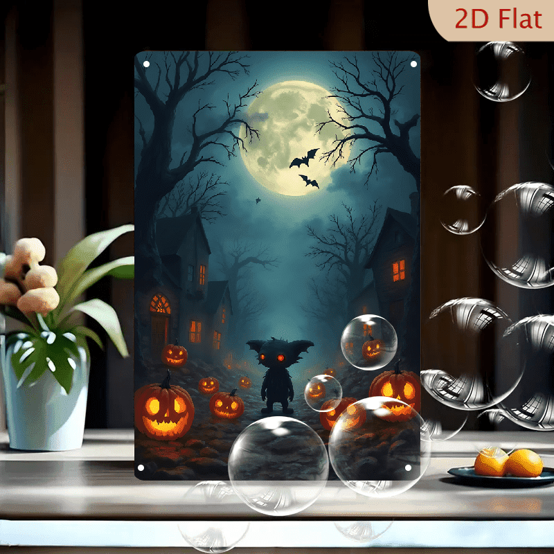 1pc Metal Wall Sign, 8x12 Inches, Spooky Halloween Night Scene with ...