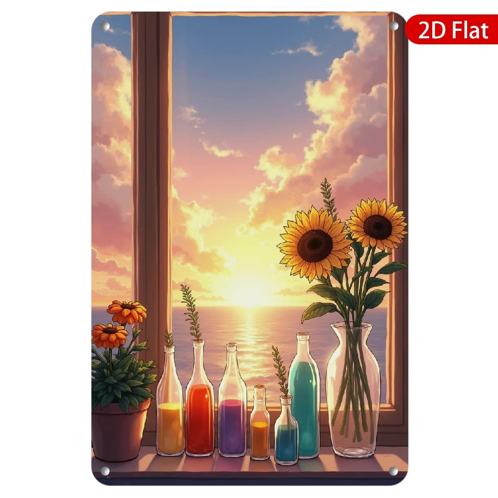 1pc Metal Wall Sign, 8x12 Inches, Sunset View with Colorful Bottles and ...