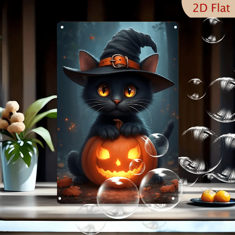 1pc Metal Wall Sign, 8x12 Inches, Whimsical Black Cat with Witch Hat ...