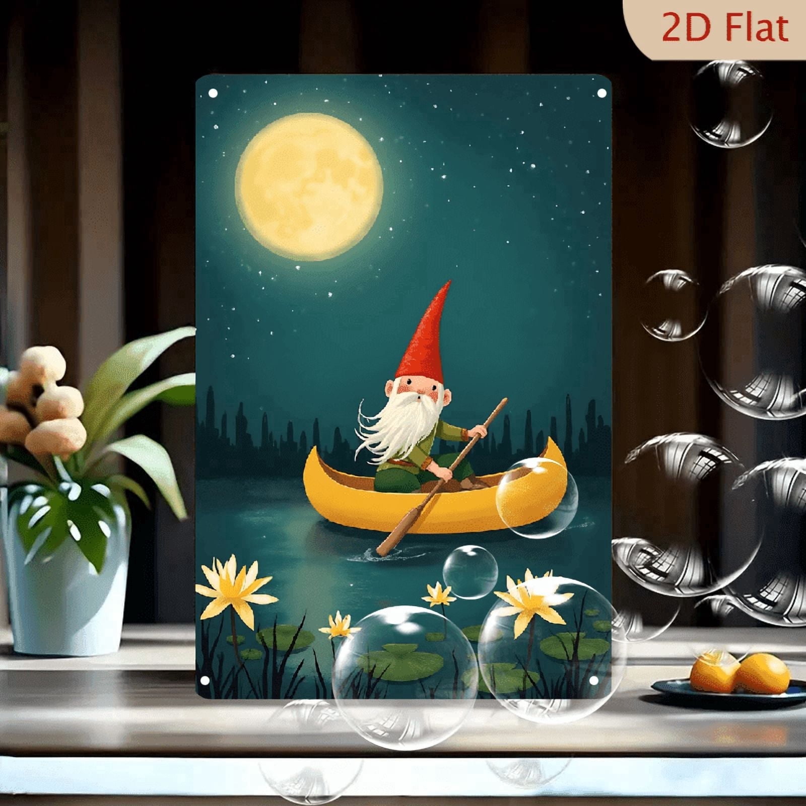 1pc Metal Wall Sign, 8x12 Inches, Whimsical Gnome Paddling Canoe Under ...