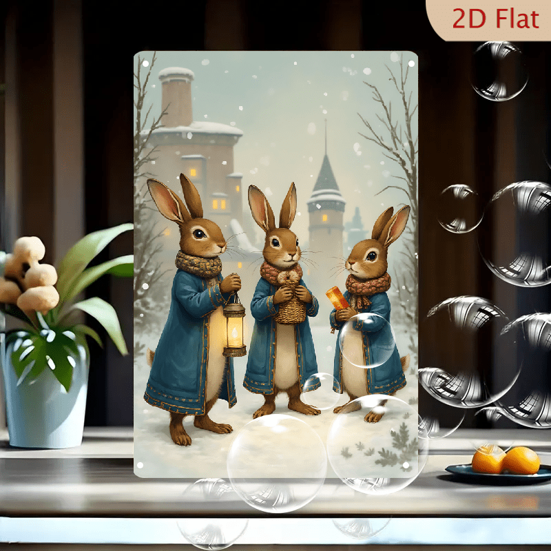 1pc Metal Wall Sign, 8x12 Inches, Winter Wonderland Rabbits Decorative ...