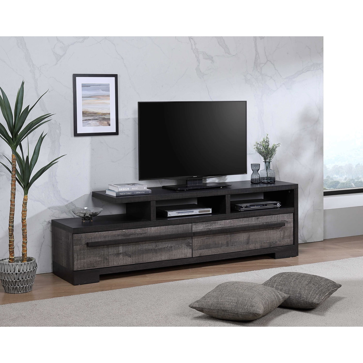 1pc Modern Entertainment Console with Black Grey Wood Finish, Two ...