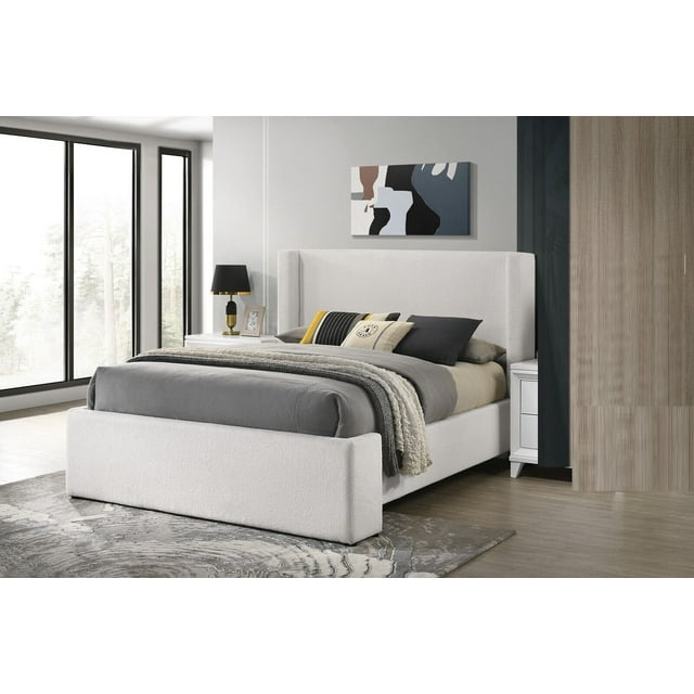 1pc Portia Modern Wingback King Size Bed, White Fabric Upholstered ...