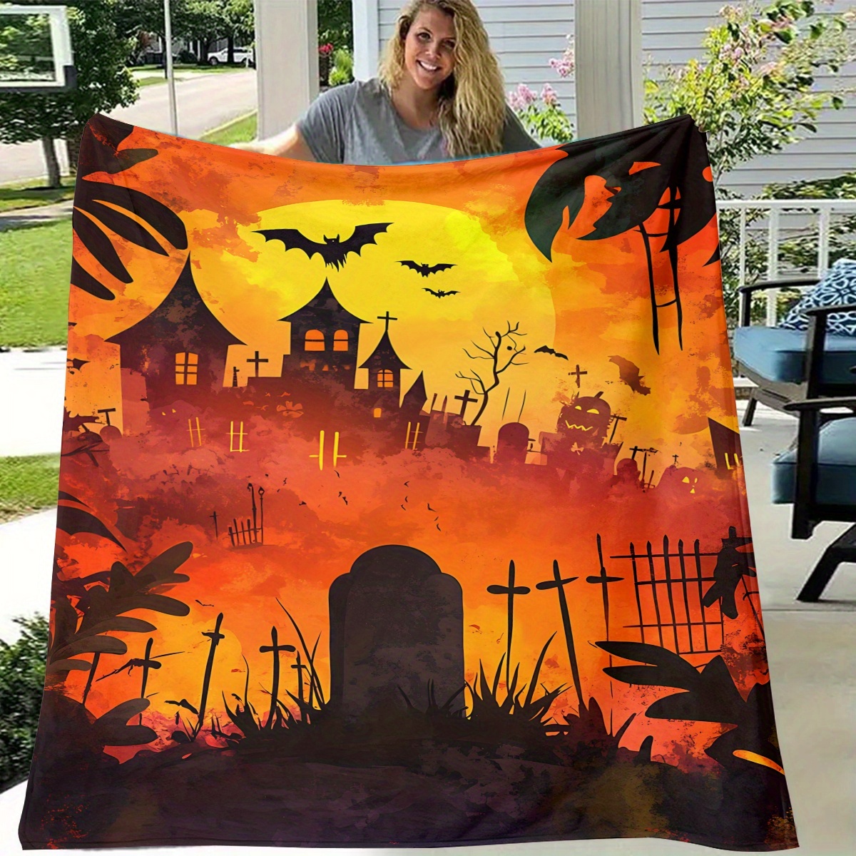 1pc Mystical Haunted Castle Flannel Blanket - Spooky Halloween Design ...