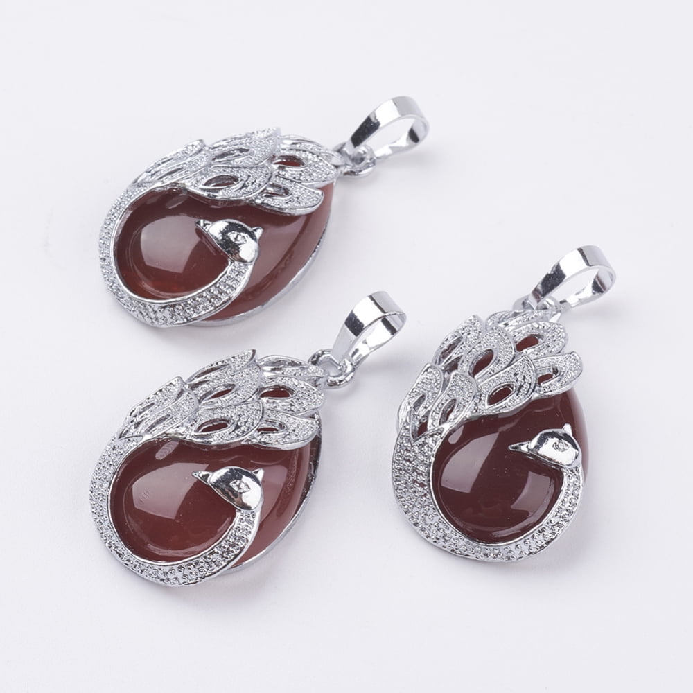 1pc Natural Carnelian Pendants with Brass Finding Teardrop with Peacock ...