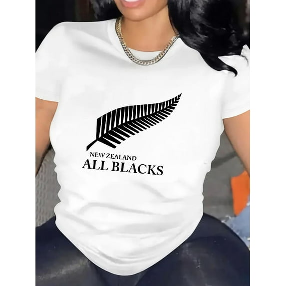 1pc New Zealand all Blacks Graphic Tee, Women'S Polyester-Spandex Blend ...
