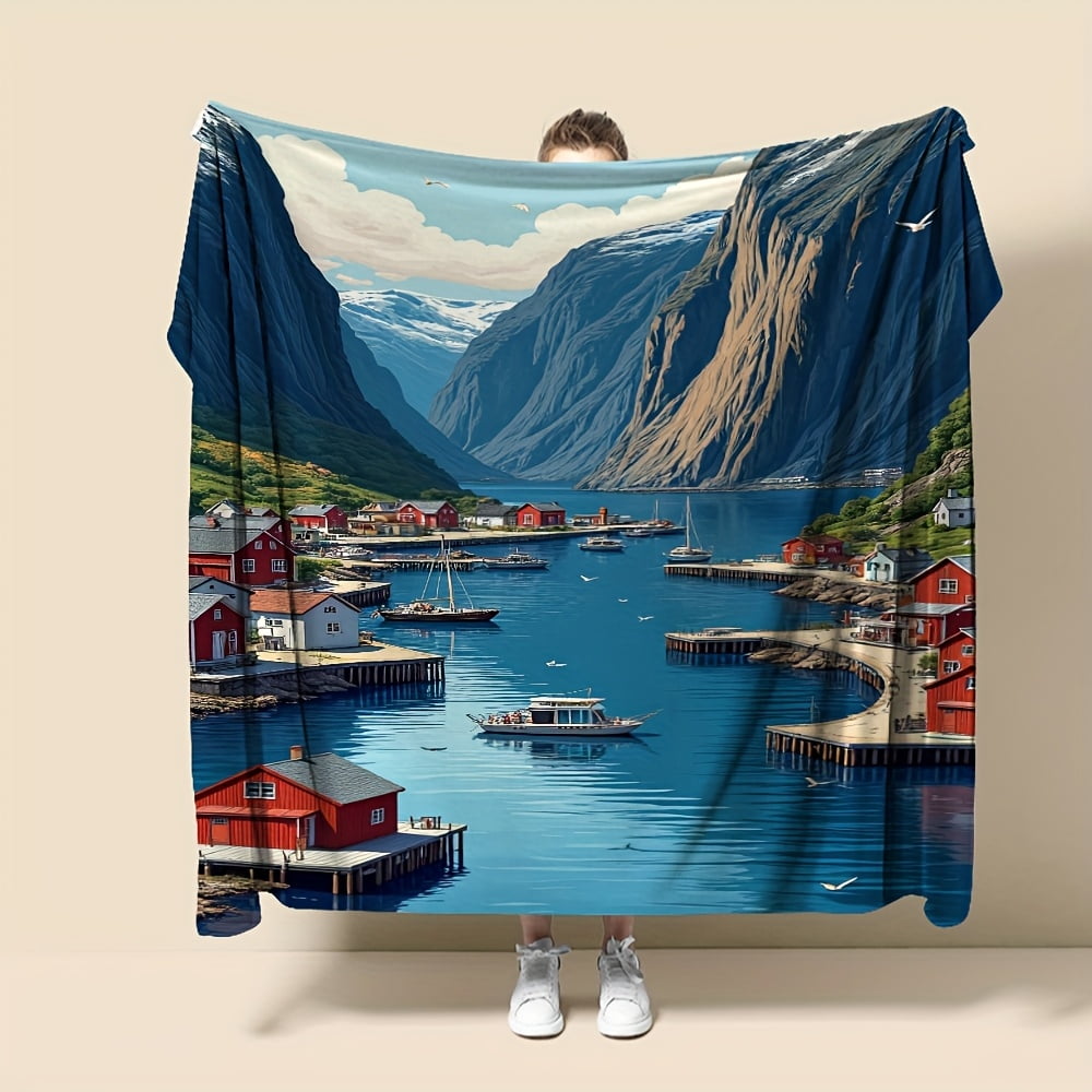 1pc Norwegian Fjord Village Landscape Art Flannel Blanket - Soft All ...