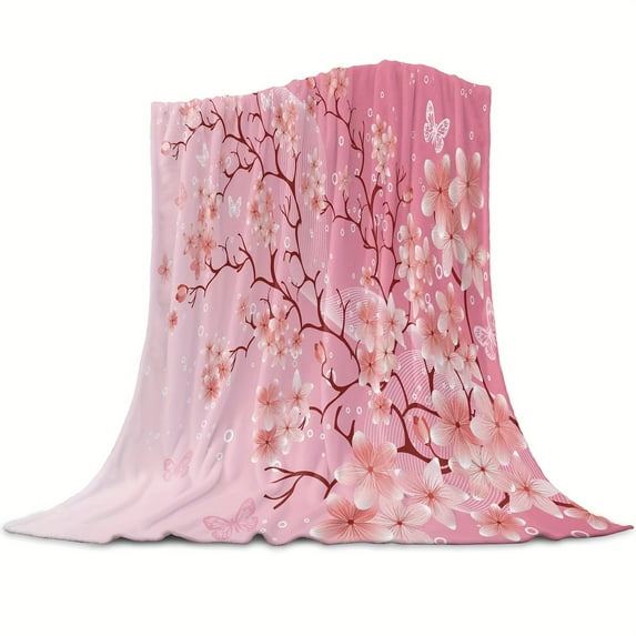 1pc Pink Cherry Blossom & Butterfly Print Flannel Blanket - Soft Warm ...