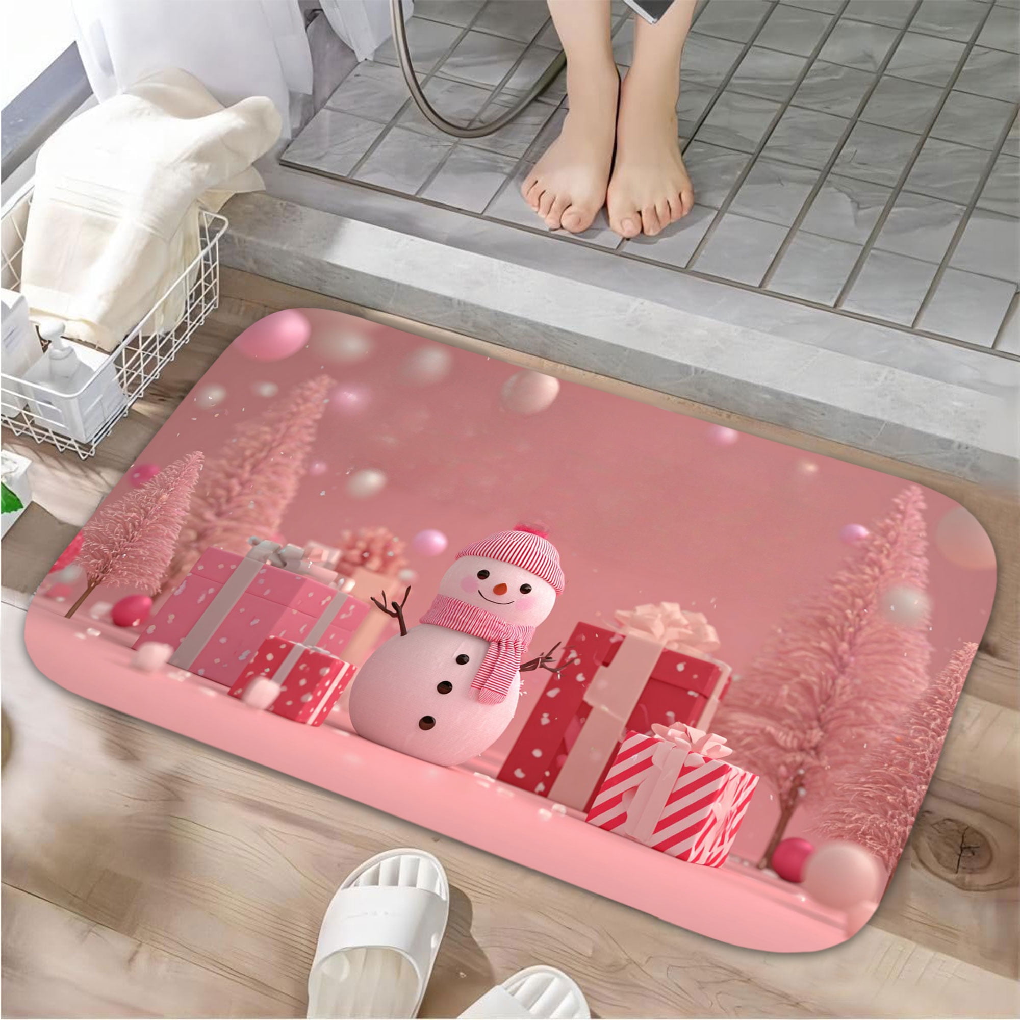 1pc Pink Christmas Snowman Scene Absorbent Non-Slip Bathroom Thickened ...
