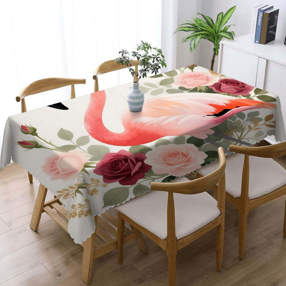 1pc Pink Flamingo With Flowers Print Rectangular Tablecloth, Machine ...