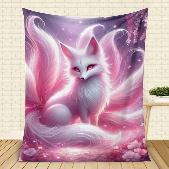 1pc Pink Nine-Tailed Fox Series Flannel Blanket - Contemporary Mystical ...