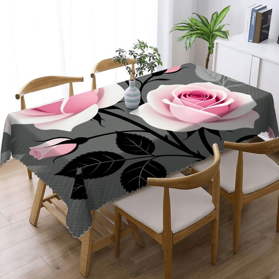 1pc Pink Rose Gradually Varied Gray Leaves Print Tablecloths rectangle ...
