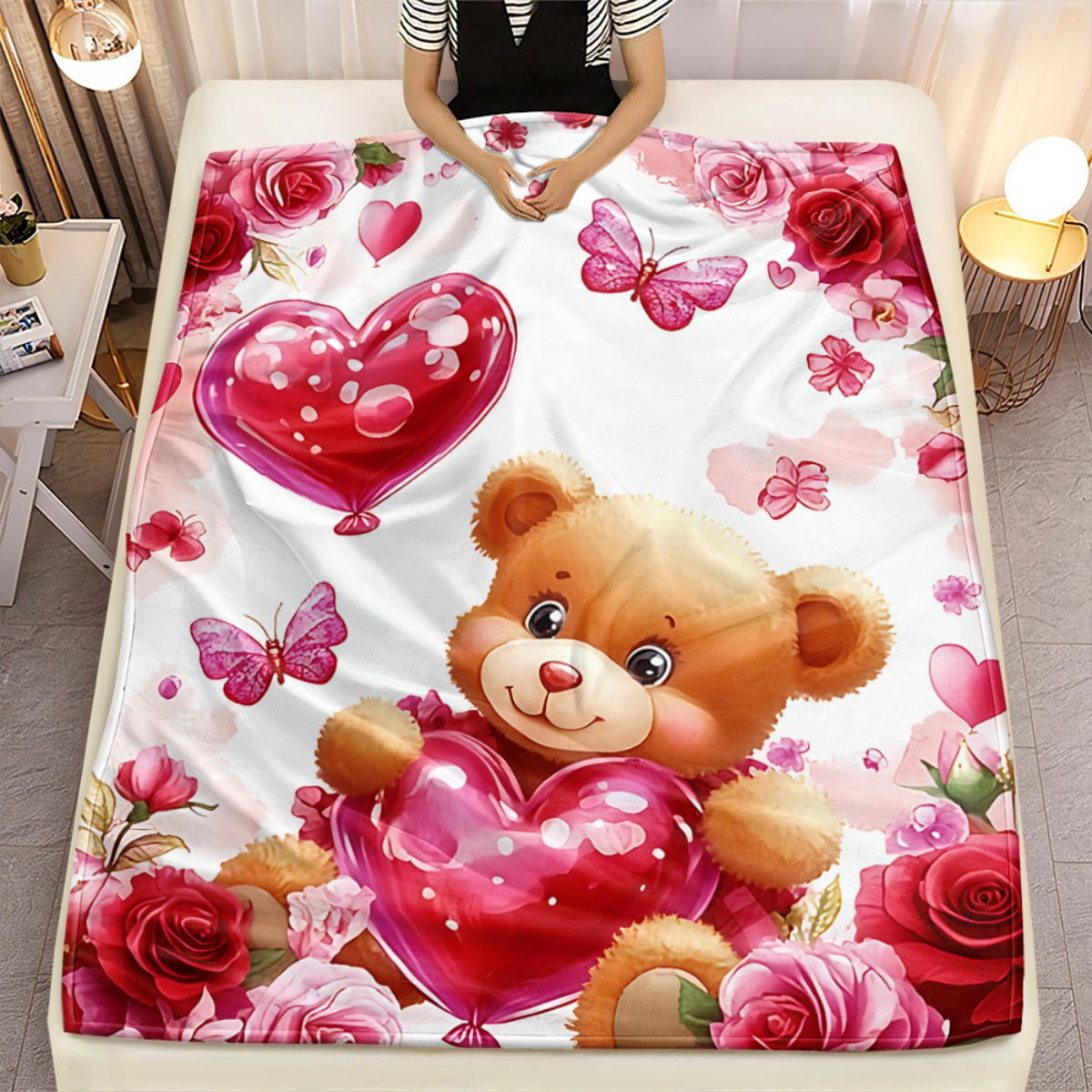 1pc Pink Rose Love Teddy Bear Blanket - Lightweight 280gsm Flannel ...