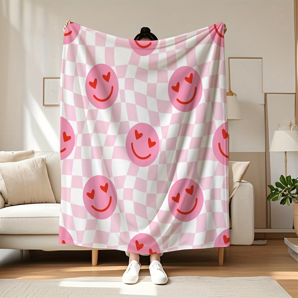 1pc Pink Wavy Checkered Love Smileys Flannel Blanket - Soft , Quick-Dry ...