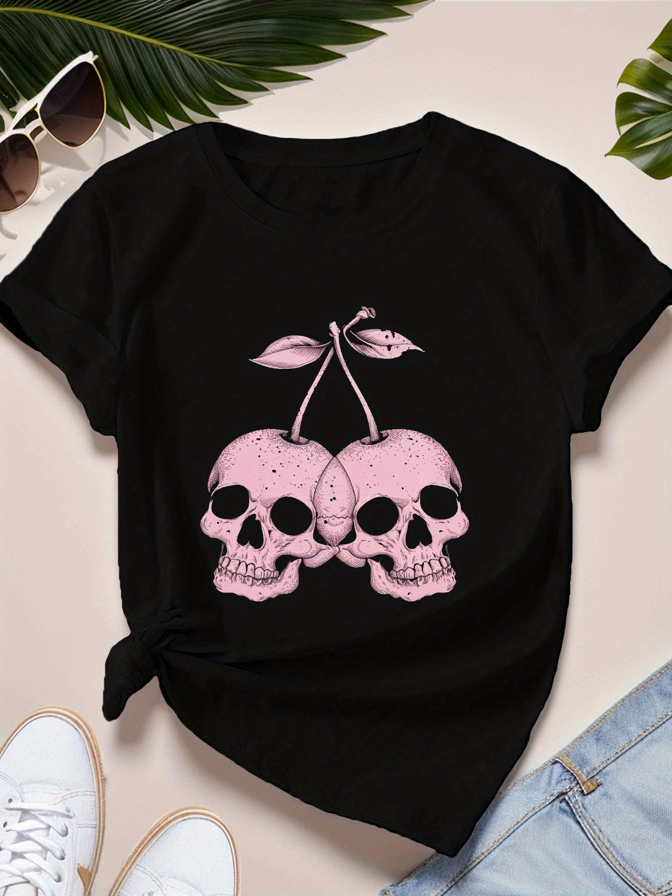1pc Plus Size Casual Women'S T-Shirt with Cherries and Interconnected ...