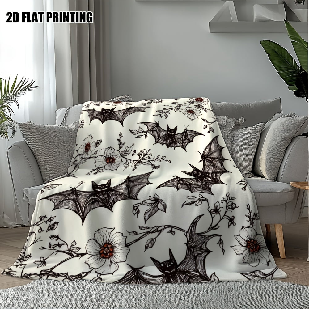1pc Plush Flannel Bats & flowers print Blanket Shawl - Soft Cozy ...