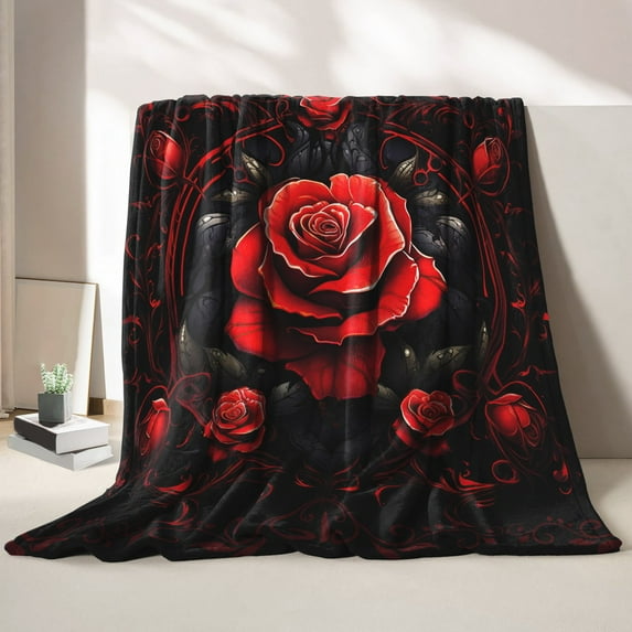 1pc Plush Floral Rose Print Throw Blanket - Black with Red Roses ...