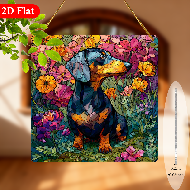 1pc Poppy Acrylic Suncatcher Stained Style Dachshund Dog Vibrant Floral ...
