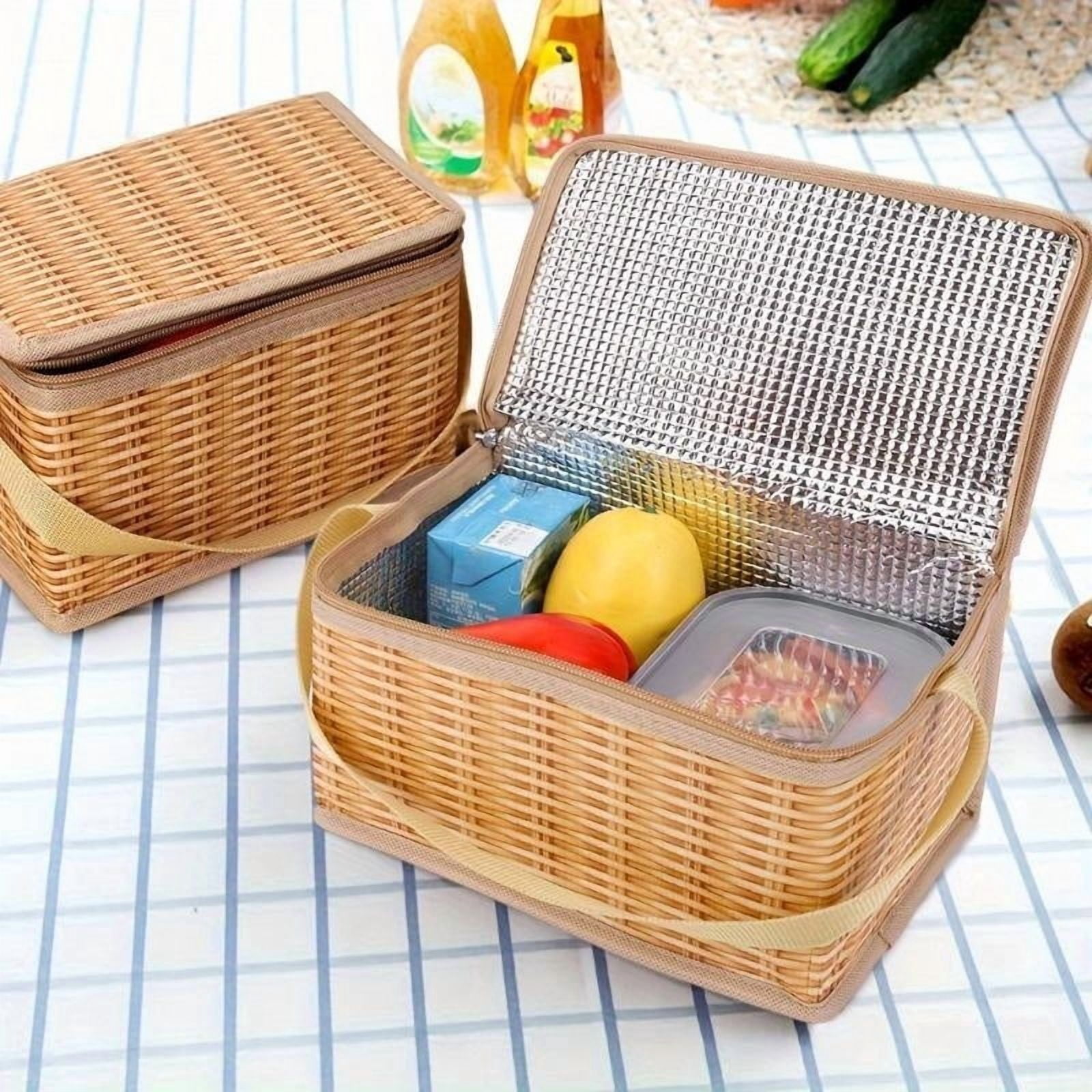 1pc Portable Wicker Rattan Food Container Basket Insulation Bag Lunch ...