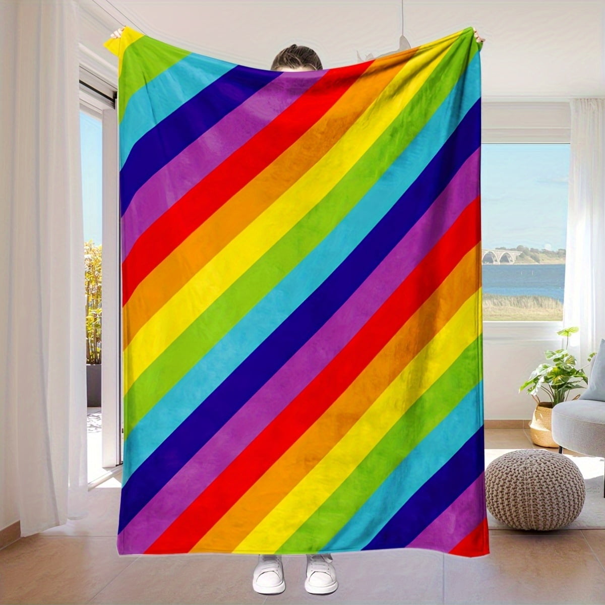 1pc Pride Month Rainbow Striped Flannel Throw Blanket - Soft Polyester ...