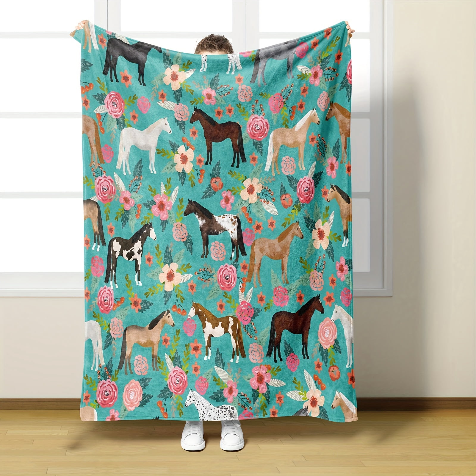 1pc Printed Green Blanket With Horses And Flowers, Soft And Comfortable ...