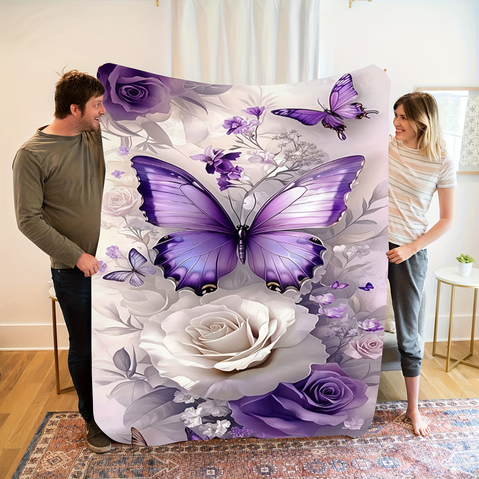 1pc Purple Butterfly & Rose Floral Print Fleece Blanket - Soft Warm All ...