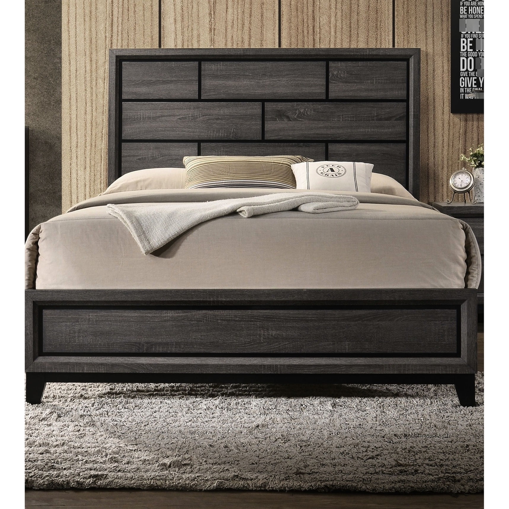 1pc Queen Panel Bed in Antique Gray Color, Rubberwood & Paper Veneer ...