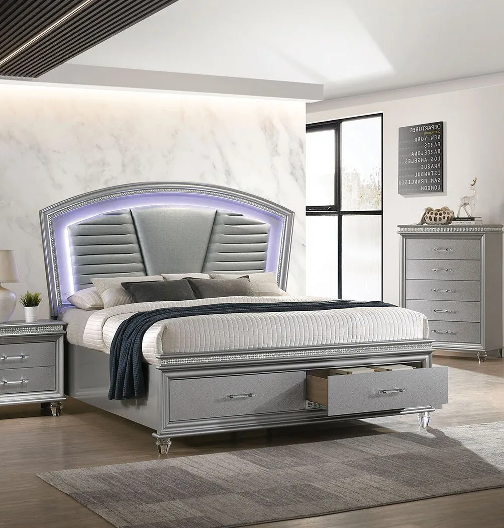 1pc Queen Size Bed Silver Color Contemporary Bedroom Furniture Storage ...