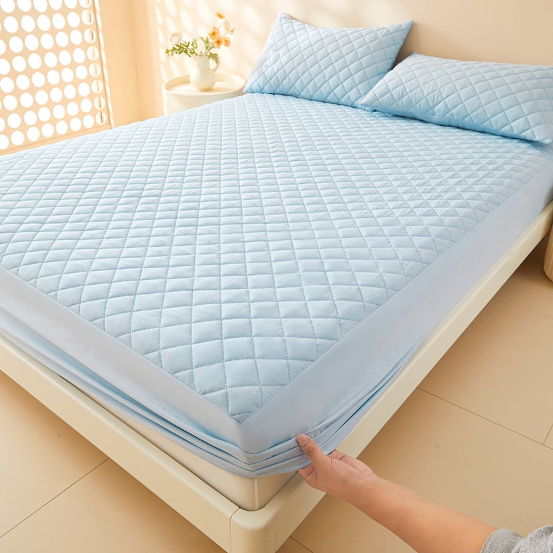 1pc Quilted Waterproof Fitted Sheet, Machine Washable Mattress Protector Single Double Bed Cover ...