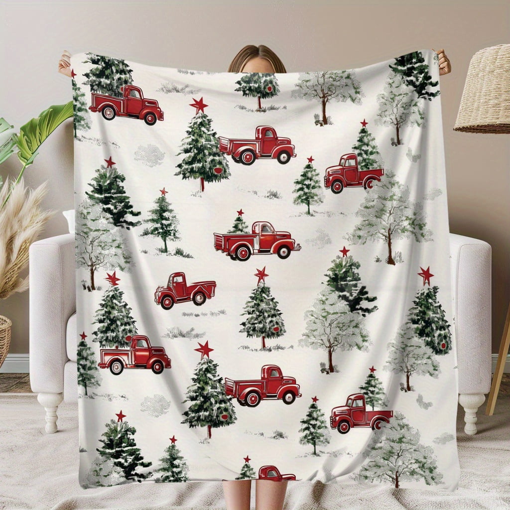 1pc Red Cars & Trees Commemorative Blanket - Cozy Warm Holiday Decor ...