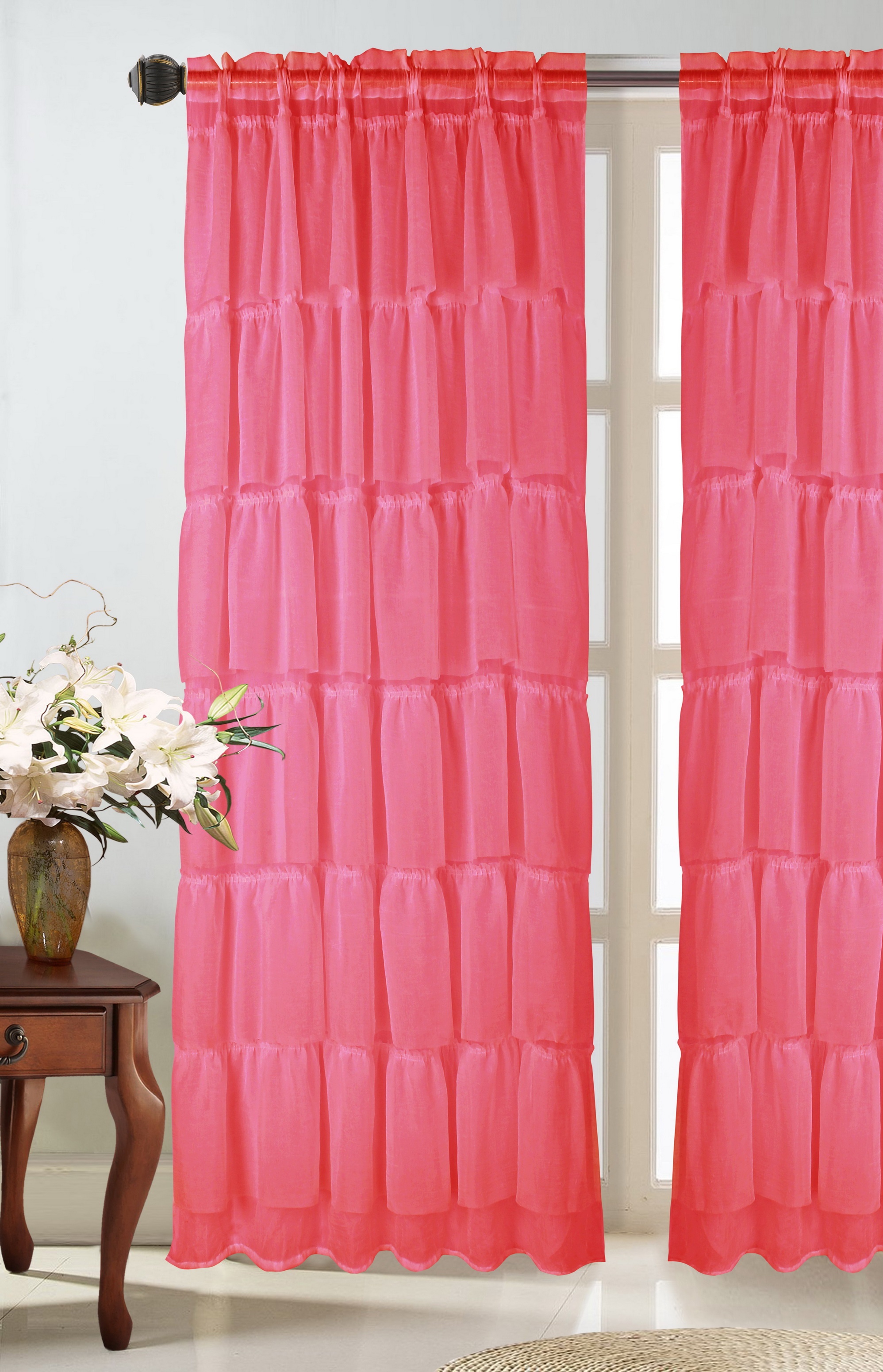 1pc Red Crushed Voile Sheer Gypsy Ruffle Rod Pocket Window Curtain ...
