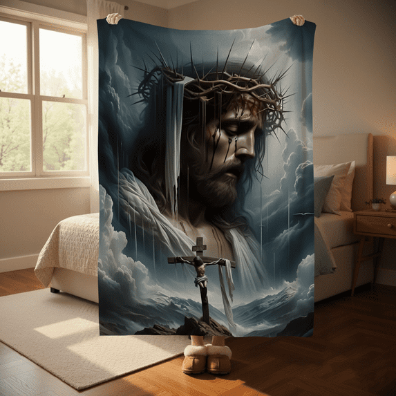 1pc Religious Blanket - Soft Flannel Throw with Jesus wears crown of ...