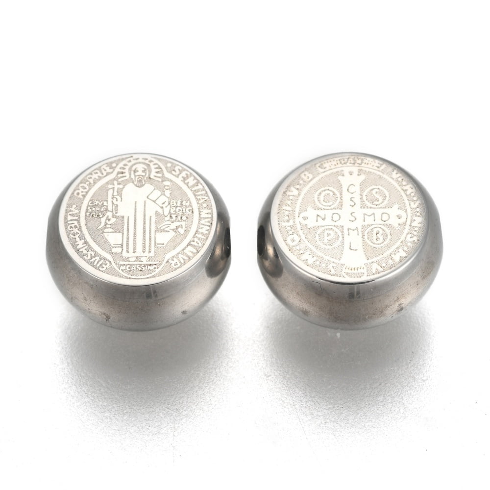 1pc Resistant 304 Stainless Steel Beads Flat Round with Saint Benedict ...