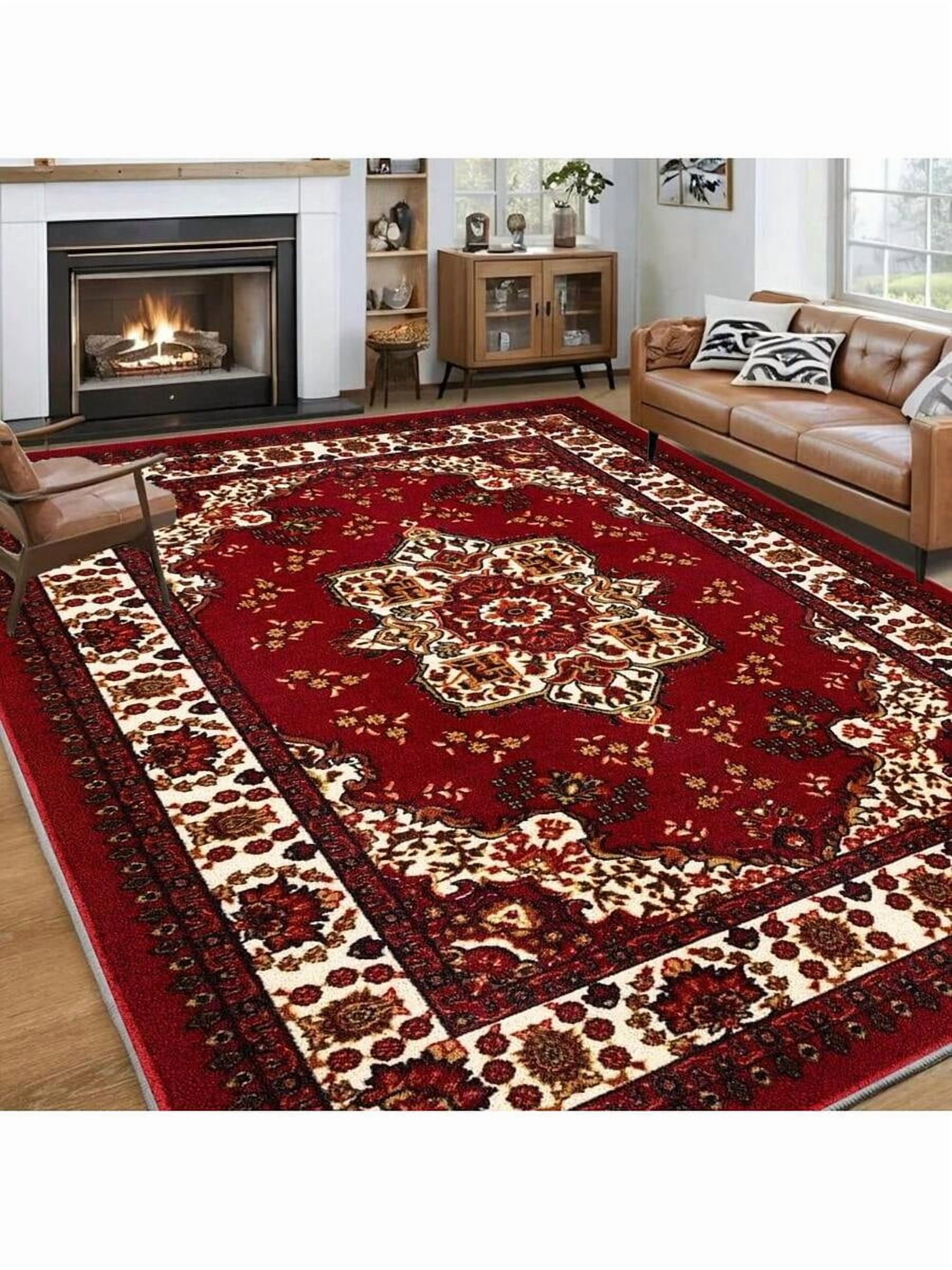 1pc Retro Boho Red & Golden Floral Design Area Rugs For Living Room ...