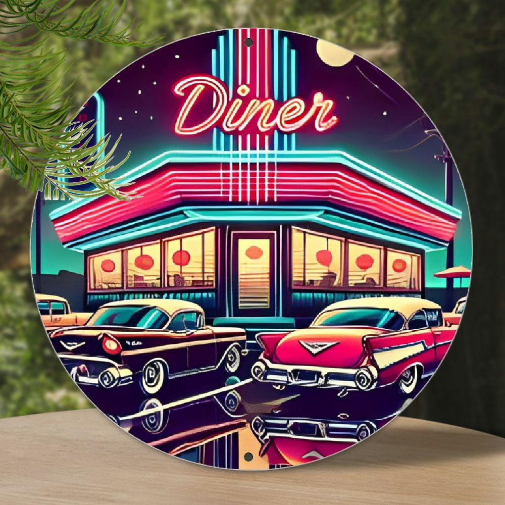 1pc Retro Diner Aluminum Sign, 8x8 Inch Round Vintage Hot Rod Cafe ...