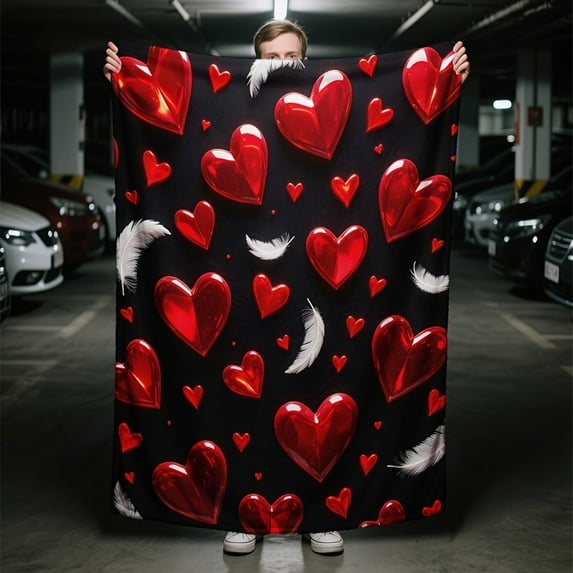 1pc Retro Fantasy Love Design Plush Blanket - Red Hearts & Feathers on ...