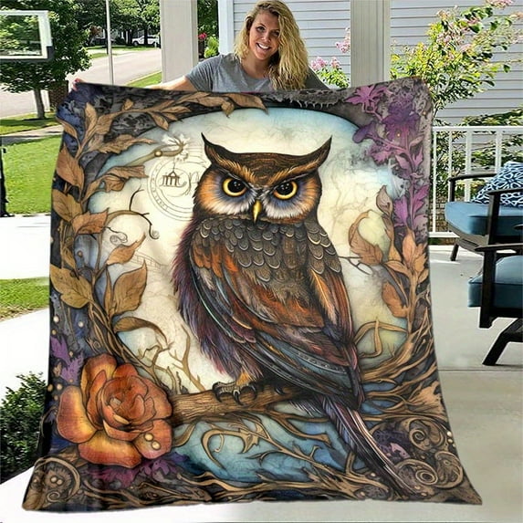 1pc Retro Owl Thin Blanket - Lightweight Flannel Throw For Sofa, Bed ...
