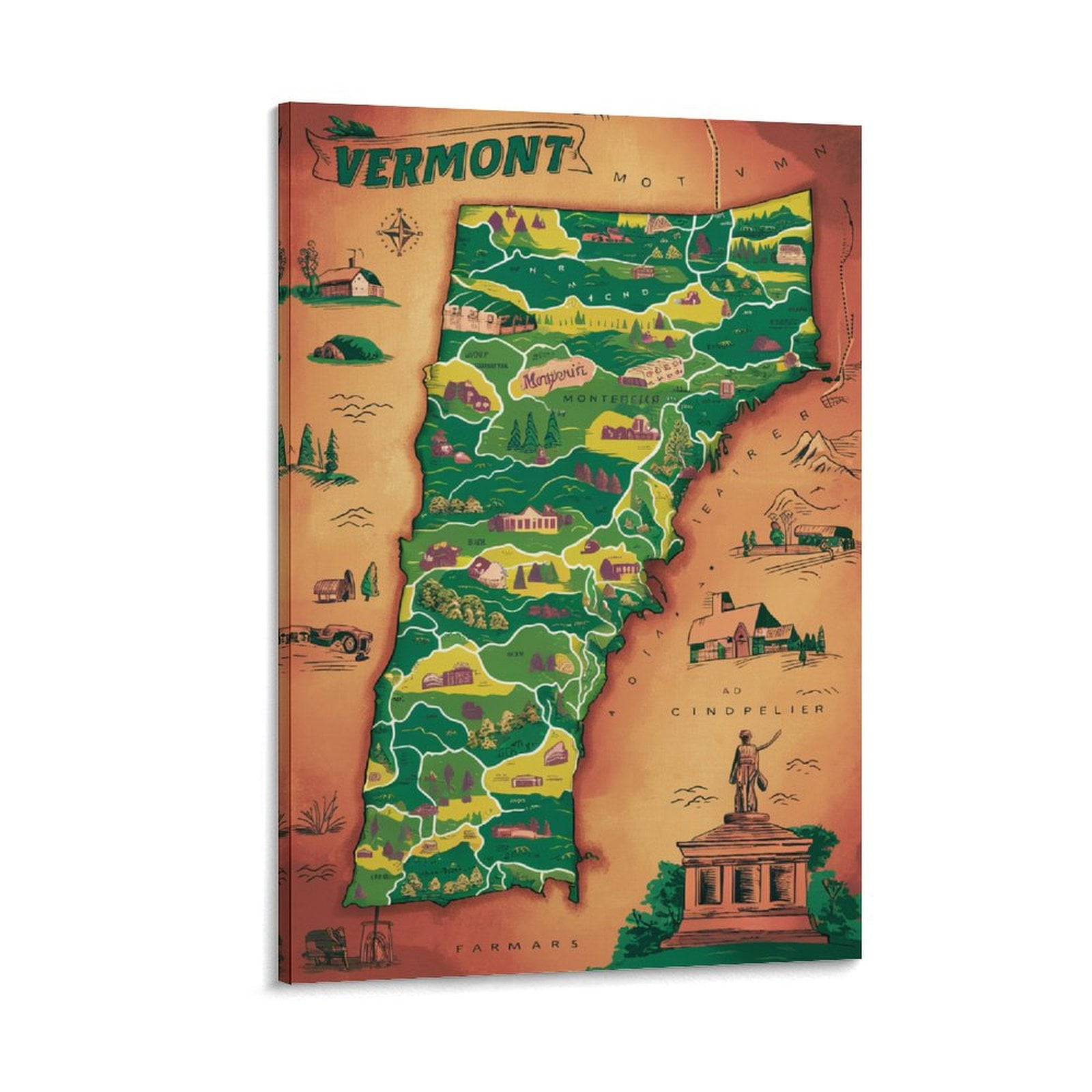 1pc Retro Vermont Tourist Map,1940s Pictorial State Map Pictures Print ...