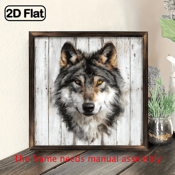 1pc Retro Wolf Head Oil Painting Wall Art 8x8 Inches Rustic Wood Frame ...