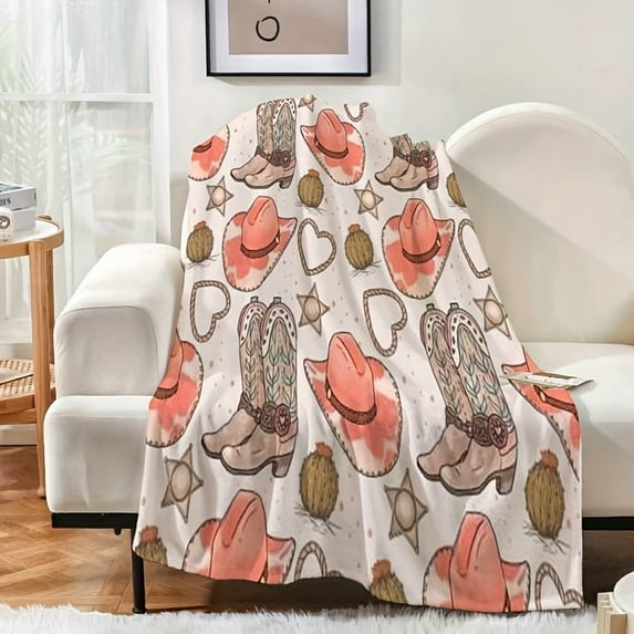 1pc Reversible Flannel Blanket - Western Cowboy Hat & Boots Design ...