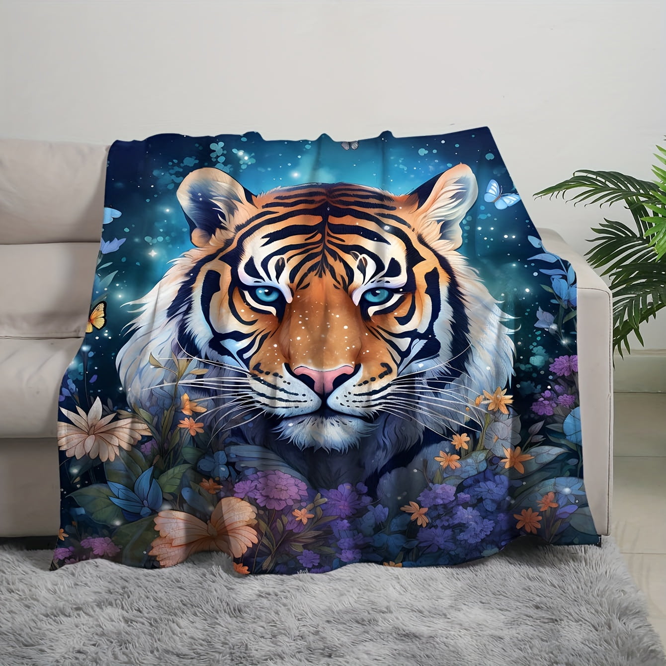 1pc Reversible Tiger Print Blanket - Vibrant Tiger Face with Floral ...