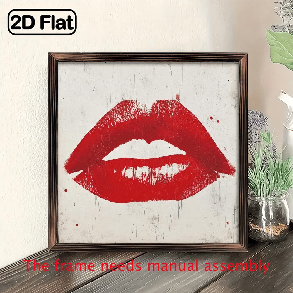 1pc Romantic Red Lips Print Farmhouse Wood Sign White Background with ...