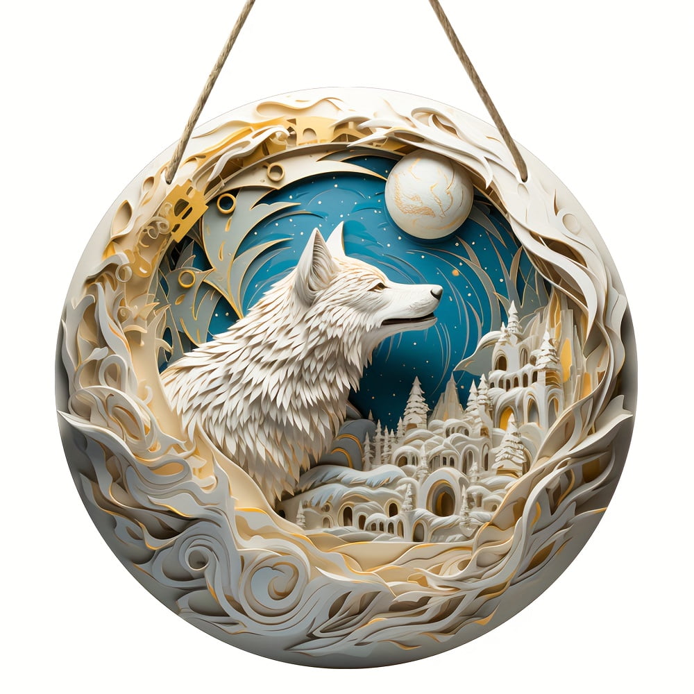 1pc， Round Wooden Sign, Wolf Sign, 2d Flat, White Snow Wolf Decorative ...