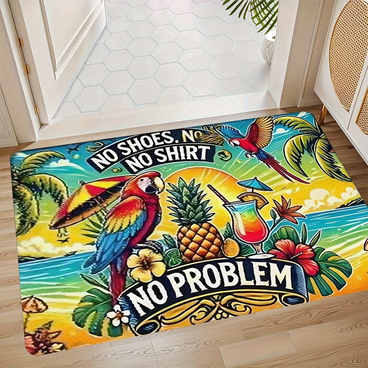 1pc Rubber Flannel Floor Mat with Tropical Parrot and Pineapple Pattern ...