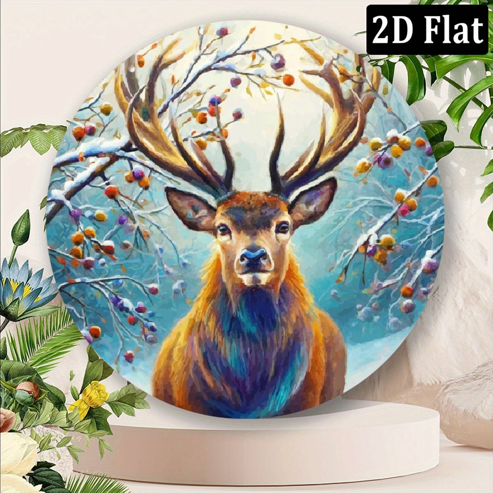 1pc Rustic Deer Wreath Round Metal Sign, 2D Flat Print, Festive Wall ...