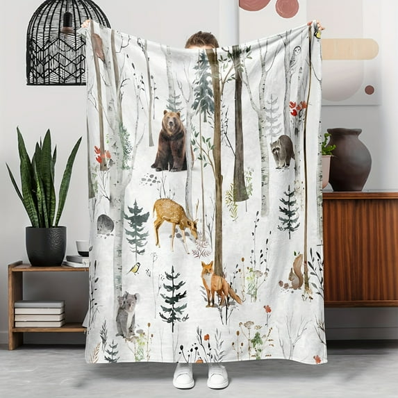1pc Rustic Fleece Throw Blanket, Woodland Bear & Moose Print, Soft Warm ...