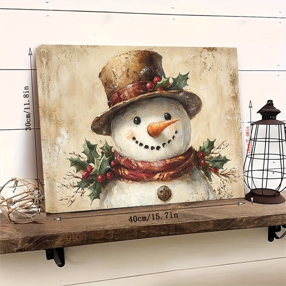 1pc Rustic Hand-Painted Snowman Canvas Art | Vintage-Style Framed Wall ...