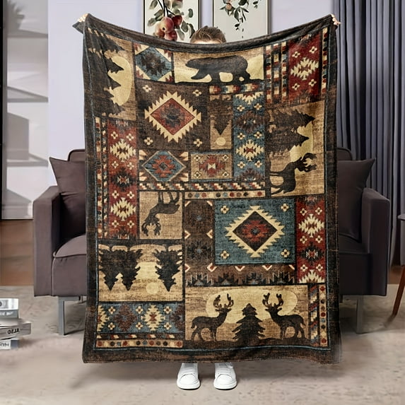 1pc Rustic-Inspired Decor Blanket with Animal & Geometric Print - Cozy ...